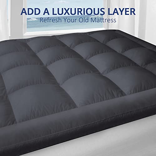 ELEMUSE Cooling Queen Mattress Topper, Extra Thick Mattress Pad Cover, Plush Pillow Top with Baffle Box Design, Soft Down Alternative Fill, Back Pain Relief, Hotel Feeling,Grey