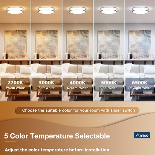 Amico Flush Mount Ceiling Light, 36W LED Ceiling Lights, 2700K/3000K/4000K/5000K/6500K 5CCT Selectable, 12 Inch Dimmable Ceiling Lights 2 Pack, Ceiling Lamp for Bedroom, Kitchen, Hallway