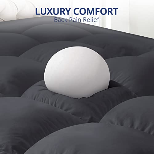 ELEMUSE Cooling Queen Mattress Topper, Extra Thick Mattress Pad Cover, Plush Pillow Top with Baffle Box Design, Soft Down Alternative Fill, Back Pain Relief, Hotel Feeling,Grey