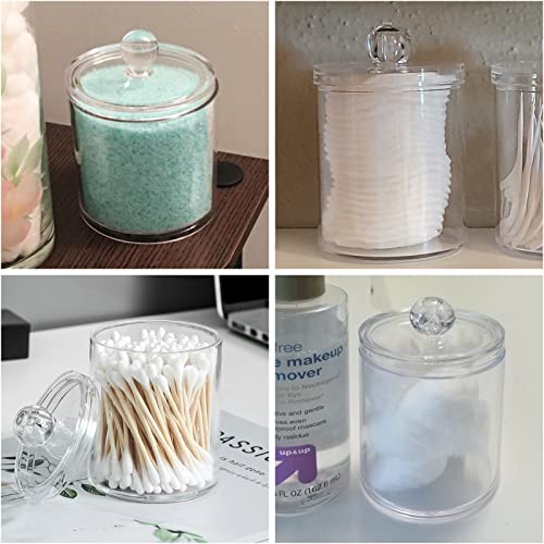 EOFJRUC 4 Pack Qtip Holder Dispenser for Cotton Ball, Cotton Swab, Cotton Round Pads, 10 OZ Clear Plastic Acrylic Apothecary Jar for Bathroom Canister Storage Organization, Vanity Makeup Organizer