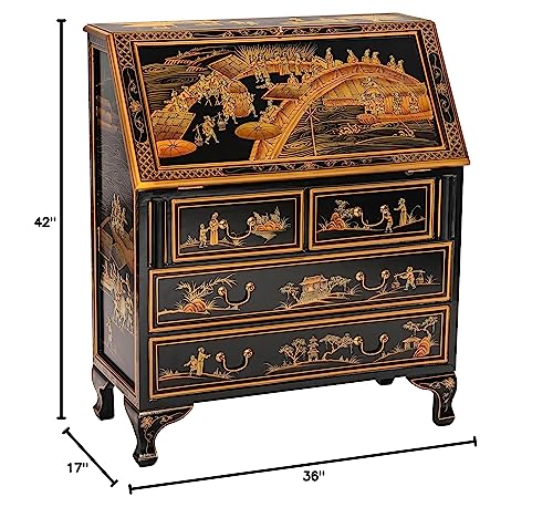 Red Lantern Hand Crafted Artisanal Black Lacquer Secretary Desk - Ching Ming