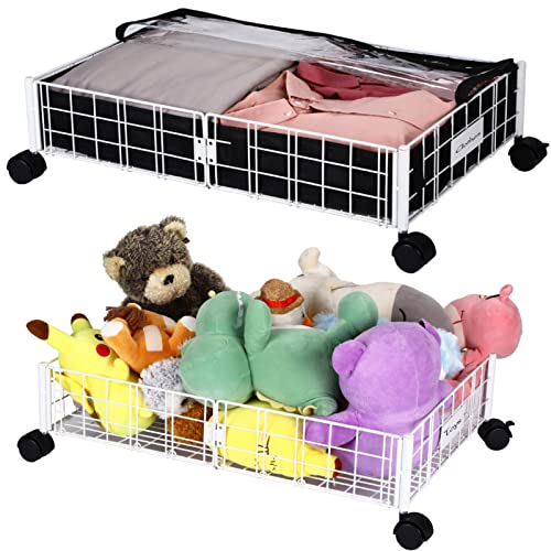 Under Bed Storage with Wheels 2 Pack,Under Bed Shoe Storage Organizer Drawer with Markable Nameplate,Under-Bed Shoe Storage Organizer for Clothes, Toy, Book, Blanket, Under-Bed Storage Containers(White-2 Pack, White-Style-1)