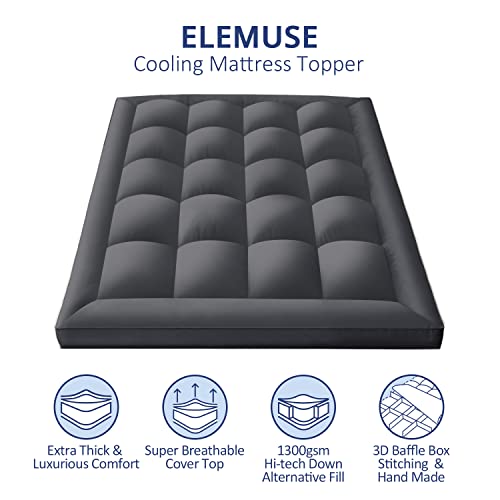 ELEMUSE Cooling Queen Mattress Topper, Extra Thick Mattress Pad Cover, Plush Pillow Top with Baffle Box Design, Soft Down Alternative Fill, Back Pain Relief, Hotel Feeling,Grey