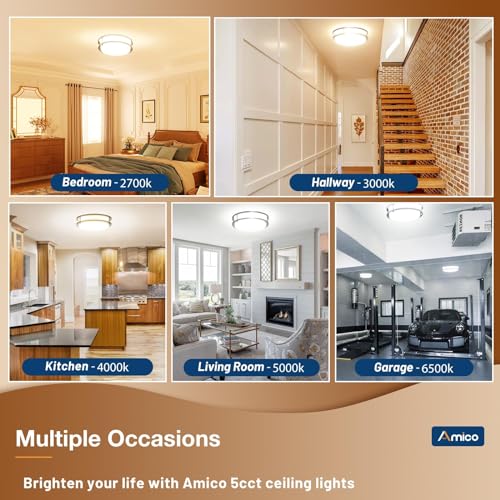 Amico Flush Mount Ceiling Light, 36W LED Ceiling Lights, 2700K/3000K/4000K/5000K/6500K 5CCT Selectable, 12 Inch Dimmable Ceiling Lights 2 Pack, Ceiling Lamp for Bedroom, Kitchen, Hallway