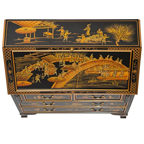 Red Lantern Hand Crafted Artisanal Black Lacquer Secretary Desk - Ching Ming
