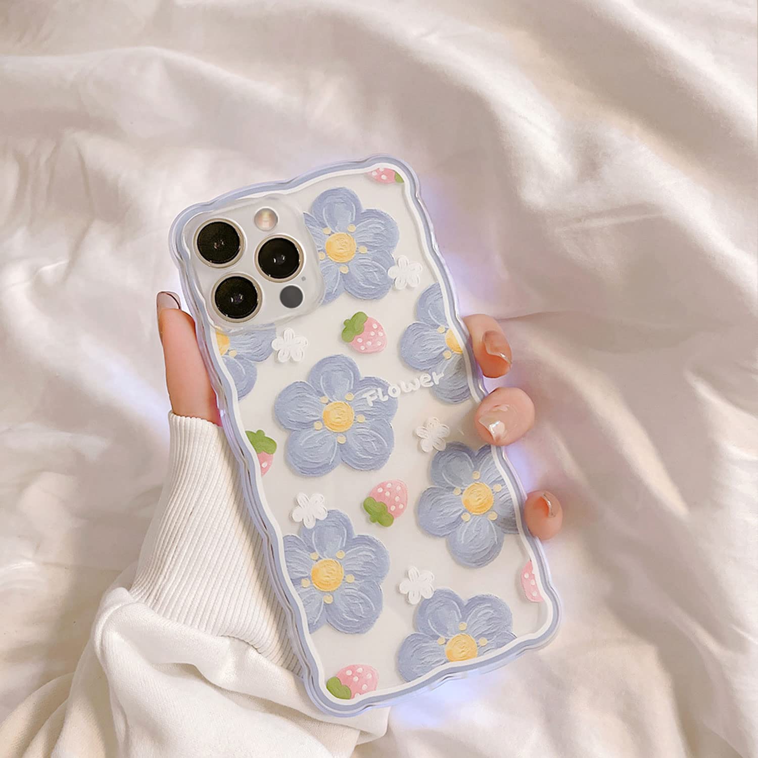 Ownest Compatible for iPhone 13 Pro Max Clear Case 6.7 Inch with Flower Cute Strawberry Lace Design for Girls Woman TPU Protective Slim Shockproof Floral Case for iPhone 13 Pro Max-Blue