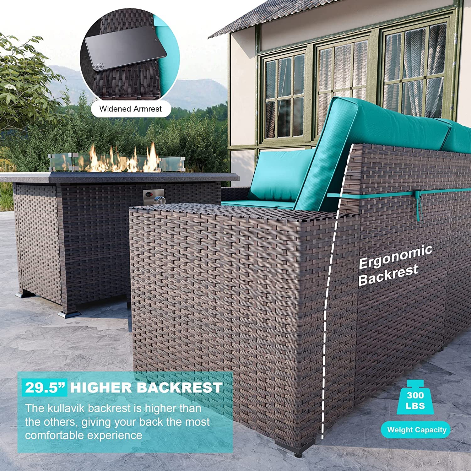Kullavik 7 Pieces Outdoor Patio Furniture Set with 43" 55000BTU Gas Propane Fire Pit Table PE Wicker Rattan Sectional Sofa Patio Conversation Sets,Green Blue