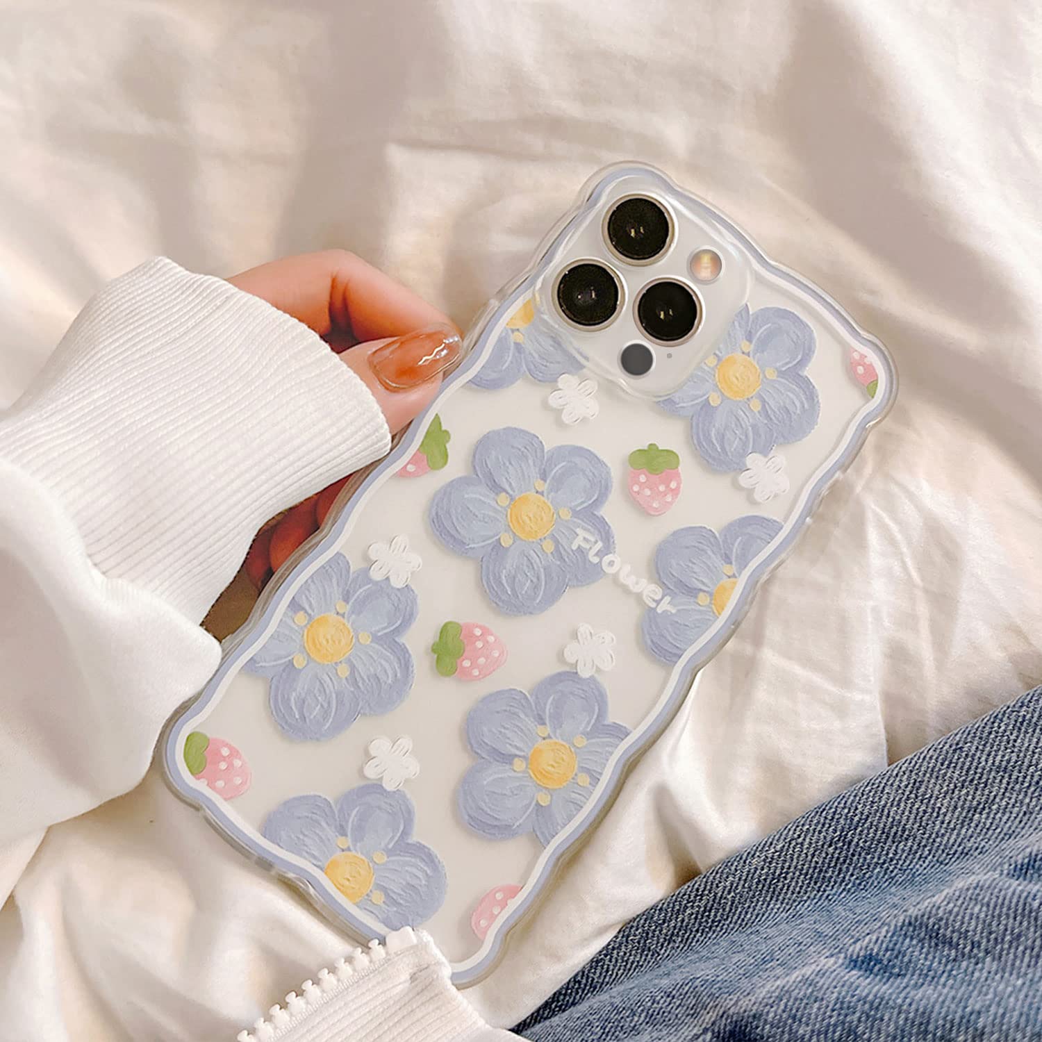 Ownest Compatible for iPhone 13 Pro Max Clear Case 6.7 Inch with Flower Cute Strawberry Lace Design for Girls Woman TPU Protective Slim Shockproof Floral Case for iPhone 13 Pro Max-Blue
