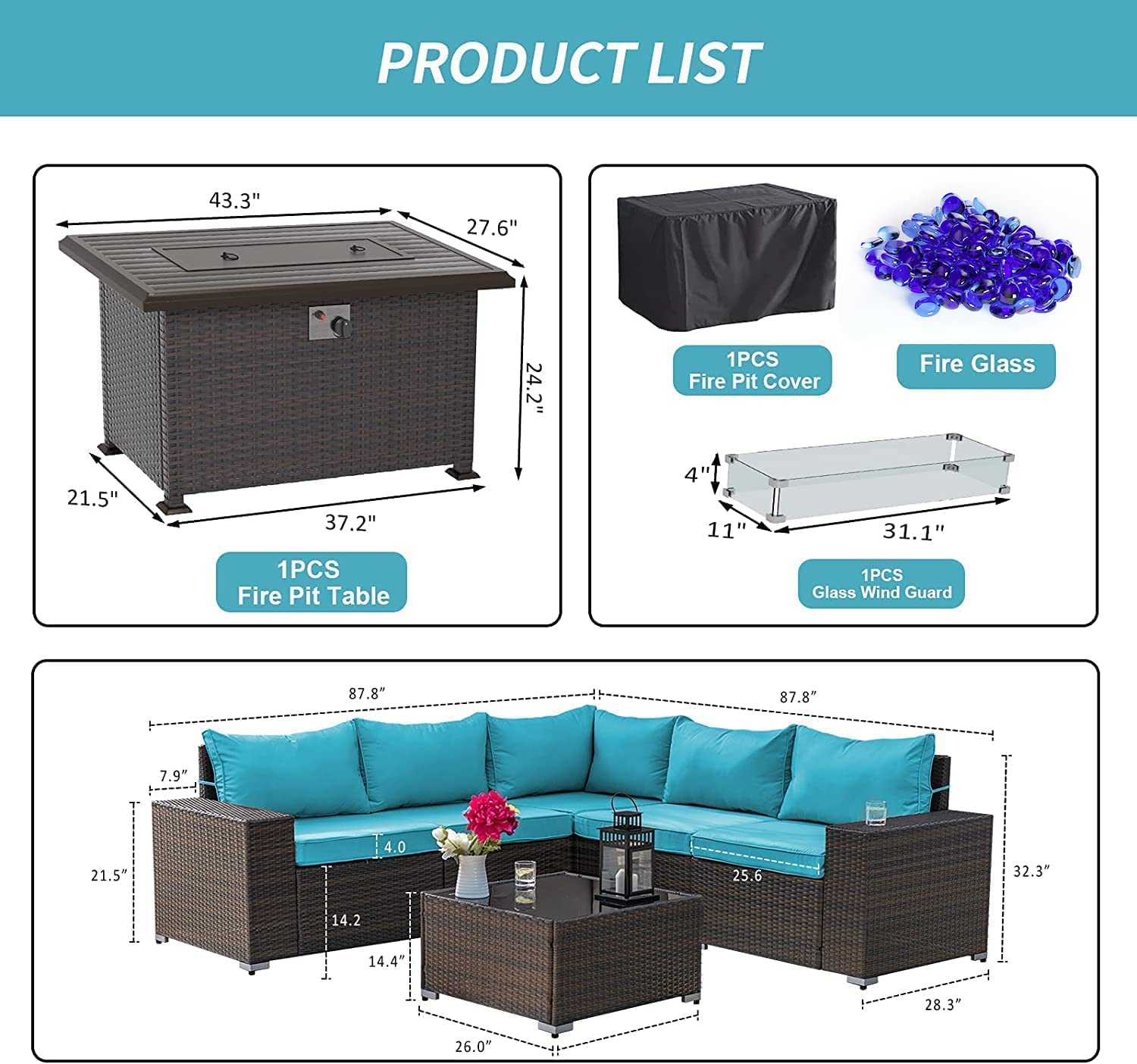Kullavik 7 Pieces Outdoor Patio Furniture Set with 43" 55000BTU Gas Propane Fire Pit Table PE Wicker Rattan Sectional Sofa Patio Conversation Sets,Green Blue