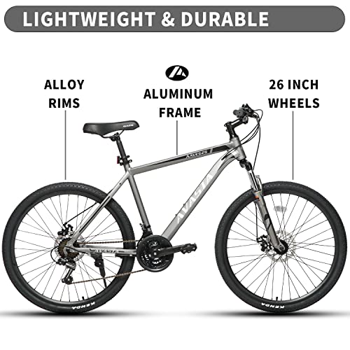 AVASTA Adult Mountain Bike 21-Speeds 26-Inch Wheels for Men and Wowen, Aluminum Frame Disc Brakes Mountain Bicycle, Front Suspension,Size S,Grey