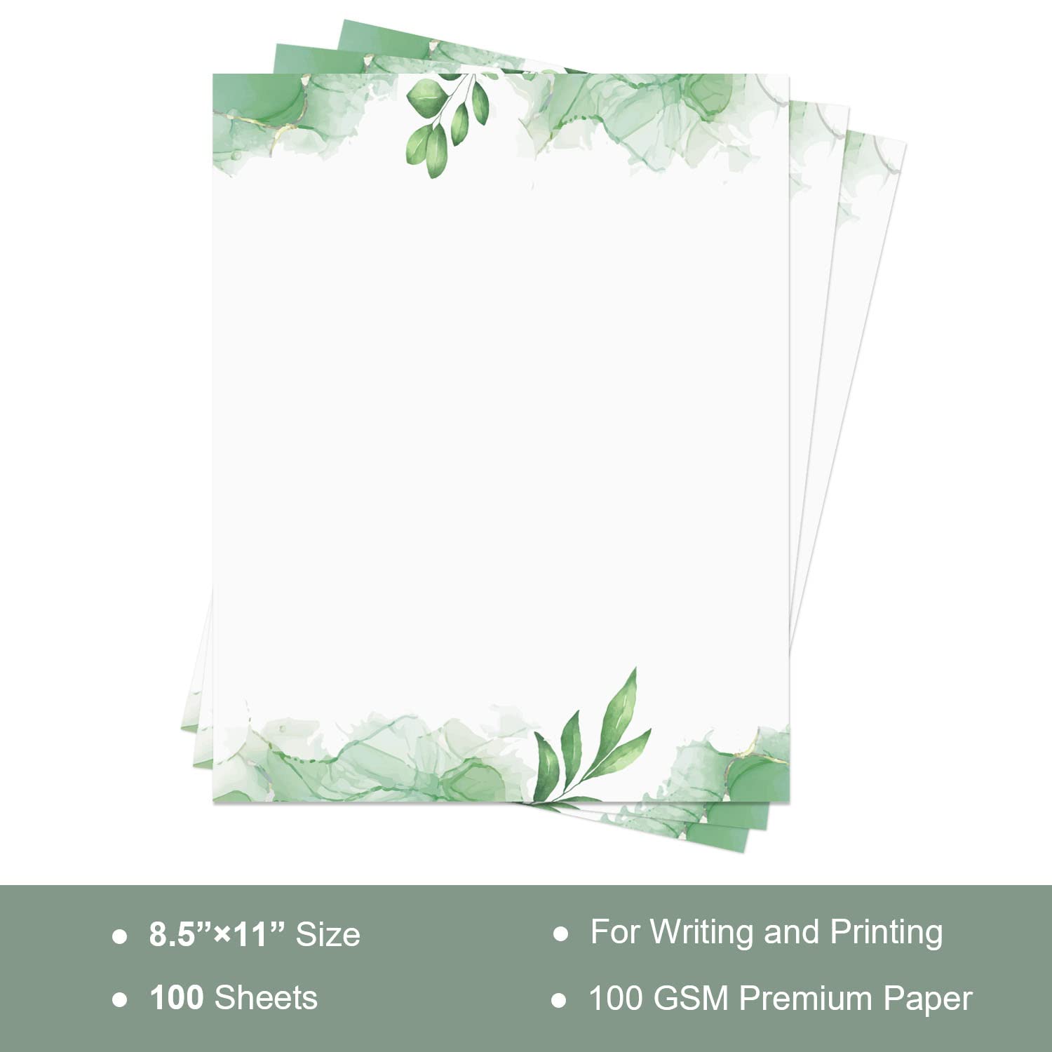 Loose Leaf Paper, Stationery Writing Paper, Greenery Letterhead Paper 8.5 x 11 Inches, 100 Sheets, Elegant Writing Paper, A4 Unpunched Refills Paper for Ring Binder/Discbound, Decorative Printer Paper