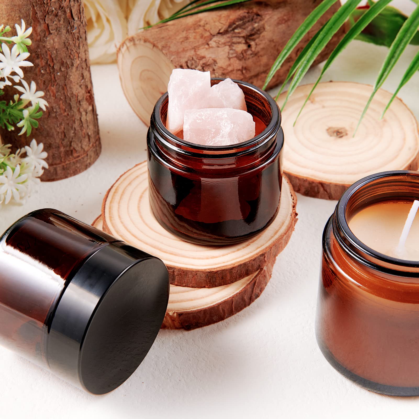 2oz Jars with Lids, Hoa Kinh 24 Pack Amber Glass Jars with Lids Empty Cosmetic Containers Round Airtight Glass Jar with Inner Liners and black Lids for Storing Lotions, Powders, and Ointments