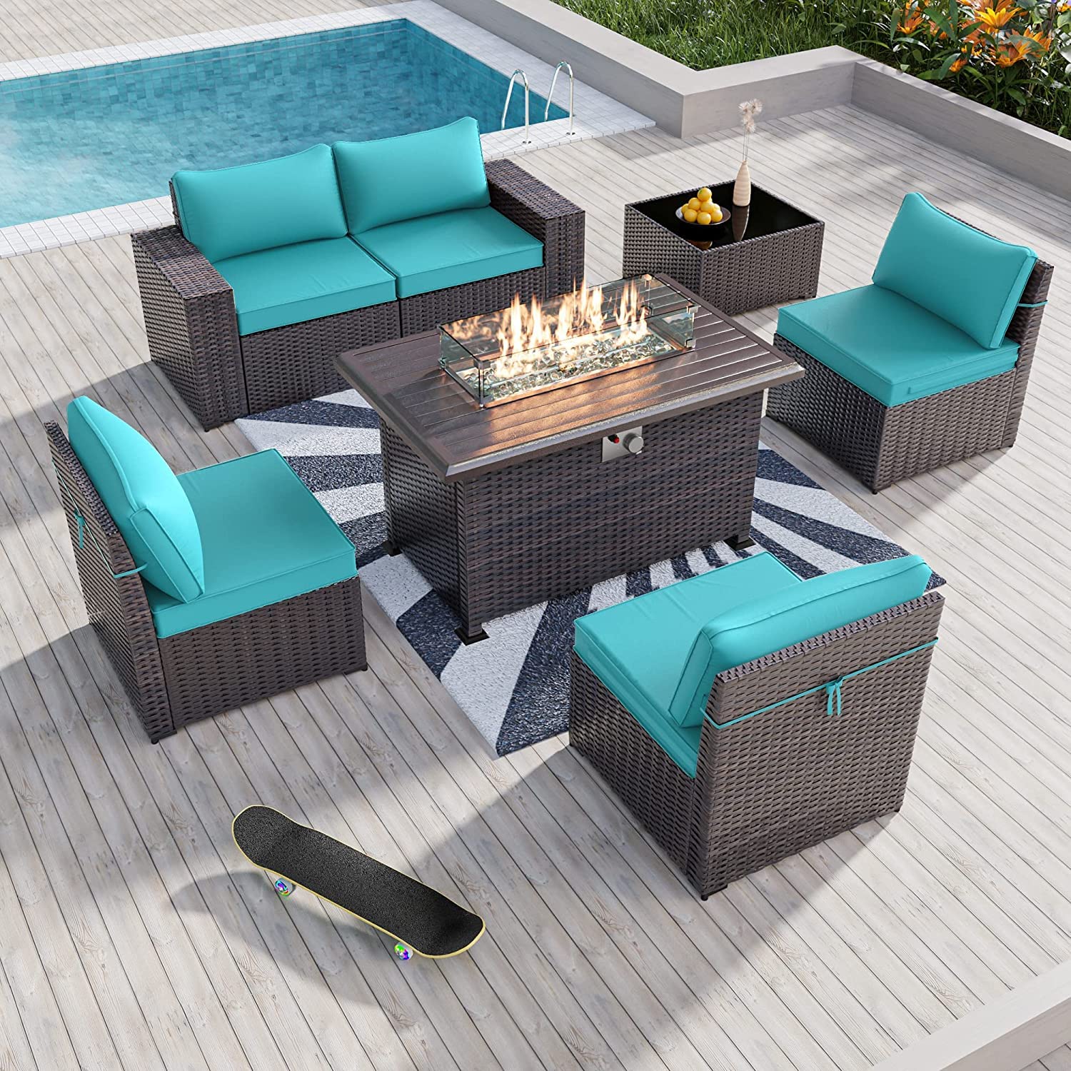 Kullavik 7 Pieces Outdoor Patio Furniture Set with 43" 55000BTU Gas Propane Fire Pit Table PE Wicker Rattan Sectional Sofa Patio Conversation Sets,Green Blue