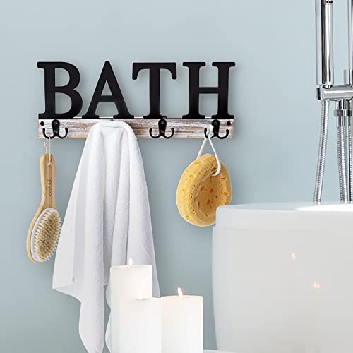 MyGift Wall Mounted Shabby Whitewashed Weathered Wood and Black Metal Bathroom Towel Rack - Bath Cutout Design Hanging Bath Towels Organizer with 4 Double Hooks