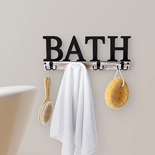 MyGift Wall Mounted Shabby Whitewashed Weathered Wood and Black Metal Bathroom Towel Rack - Bath Cutout Design Hanging Bath Towels Organizer with 4 Double Hooks
