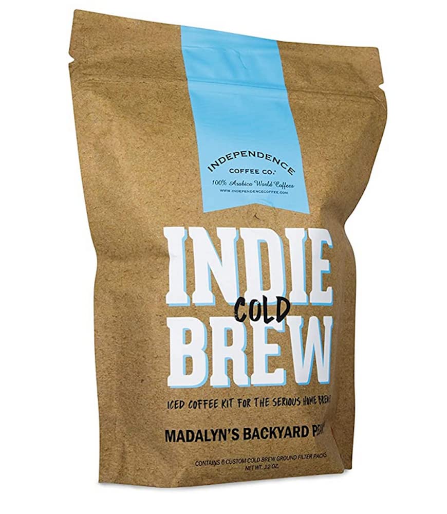 Independence Coffee Co. Indie Cold Brew Iced Coffee Kit, Madalyn's Backyard Pecan Flavored Mellow Body, Light Roast Coffee, 12 Ounce (Contains 6 Custom Cold Brew Ground Filter Packs)