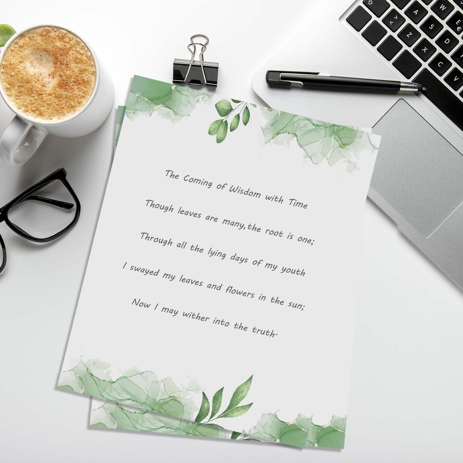 Loose Leaf Paper, Stationery Writing Paper, Greenery Letterhead Paper 8.5 x 11 Inches, 100 Sheets, Elegant Writing Paper, A4 Unpunched Refills Paper for Ring Binder/Discbound, Decorative Printer Paper