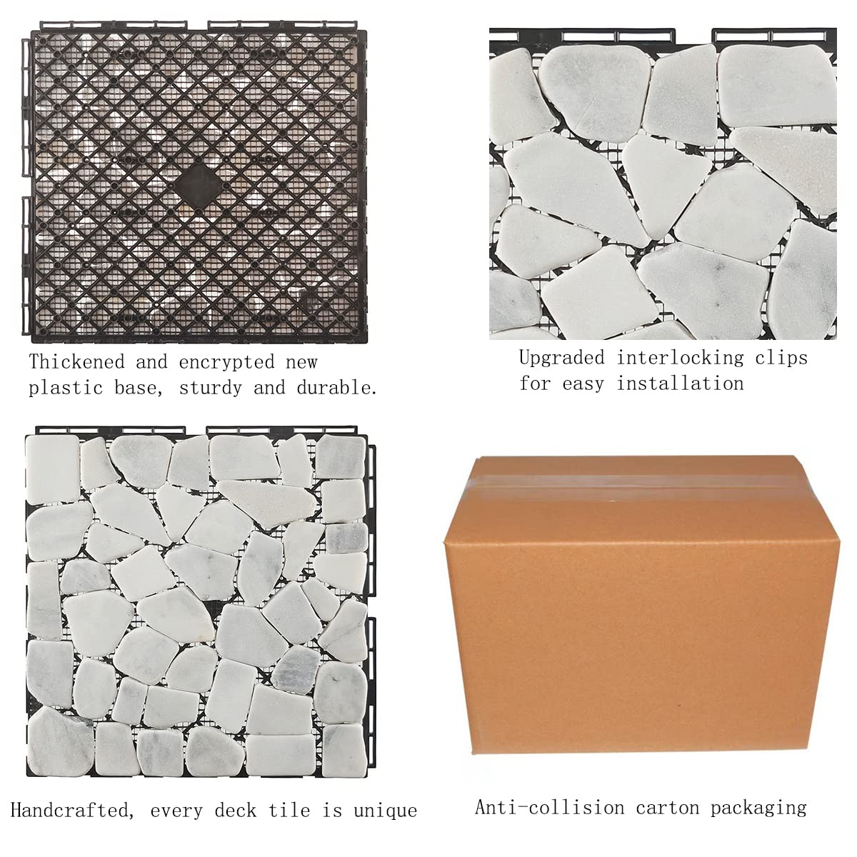 Deck Tile Natural Marble Flooring, Outdoor Garden Patio Balcony Deck Tile, All Weather DIY Interlocking Floor with Drainage Floor, (12"X12", White, 6)