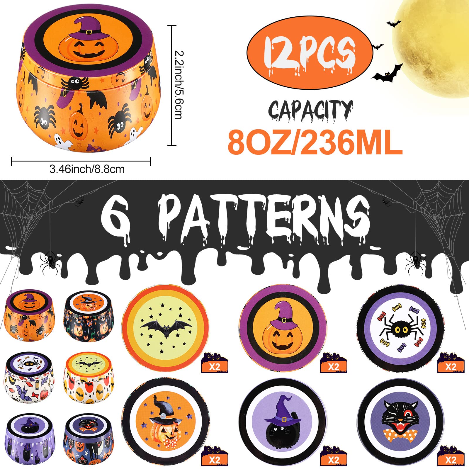 12 Pack Halloween Cookie Tins with Lids 8 oz Candle Jars for Making Candles Large Capacity Round Tinplate with Lids Cookie Containers for Storing Candies Biscuits Treat Small Gift(Halloween)