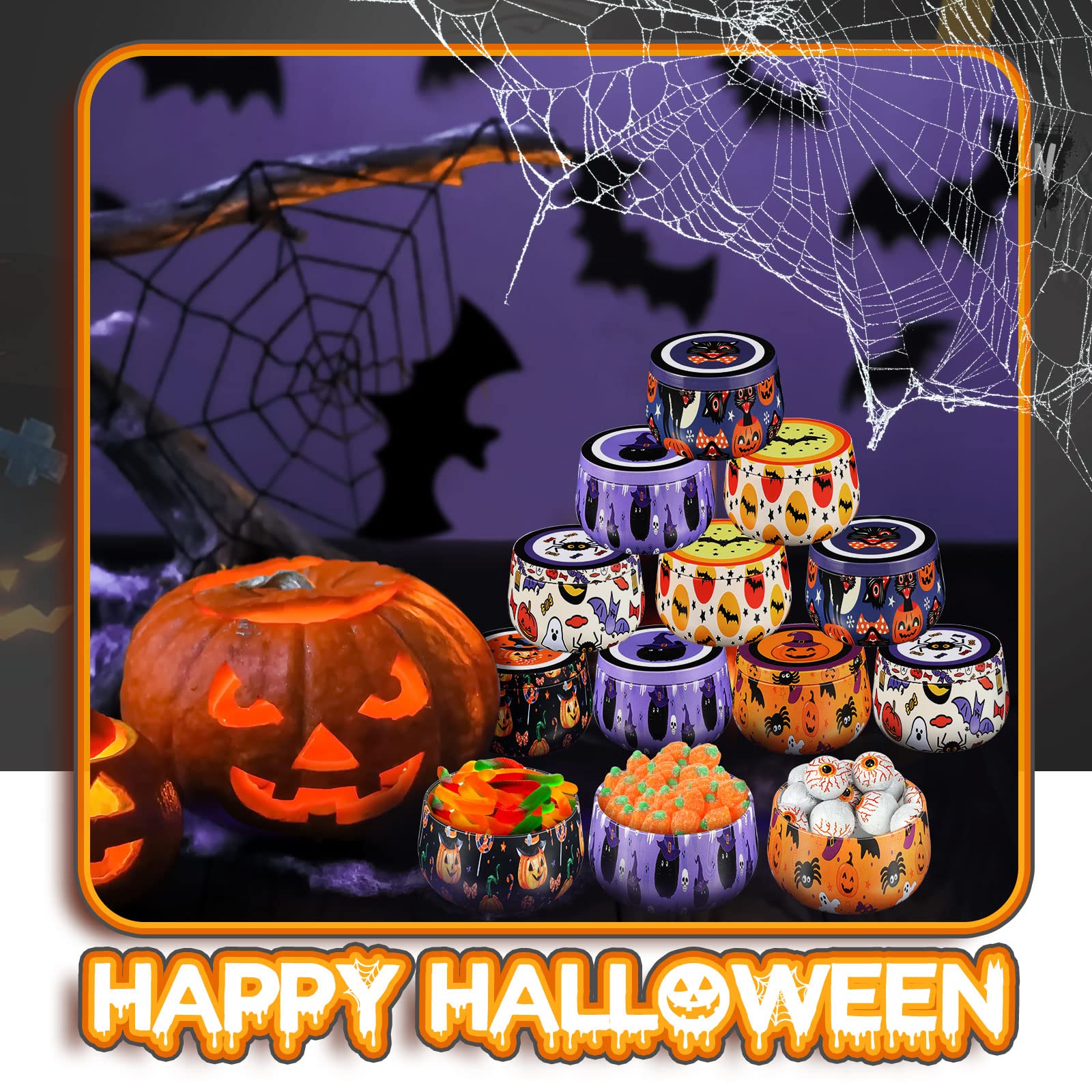 12 Pack Halloween Cookie Tins with Lids 8 oz Candle Jars for Making Candles Large Capacity Round Tinplate with Lids Cookie Containers for Storing Candies Biscuits Treat Small Gift(Halloween)
