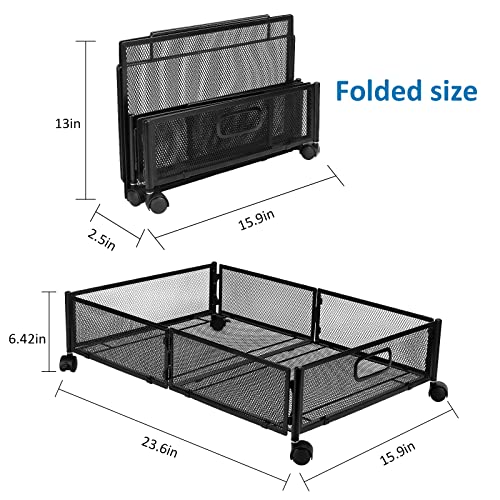 SubClap Under Bed Storage Container with Wheels 1 Pack, Underbed Rolling Drawer Storage Organizer for Clothes Shoes Blankets Books, Metal Underbed Drawer Cart for Bedroom, 23.6" L x 15.9" W x 6.42" H