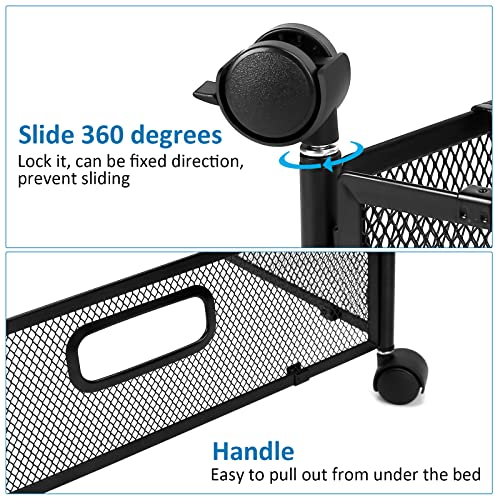 SubClap Under Bed Storage Container with Wheels 1 Pack, Underbed Rolling Drawer Storage Organizer for Clothes Shoes Blankets Books, Metal Underbed Drawer Cart for Bedroom, 23.6" L x 15.9" W x 6.42" H