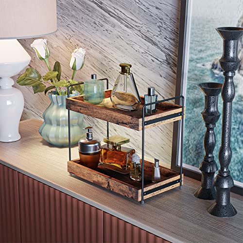 SANRETAHO 2-Tier Bathroom Counter Organizer, Wood Kitchen Countertop Spice Rack, Vanity Cosmetic Makeup Organizers Shelf for Bathroom Storage Organization, Rustic Brown