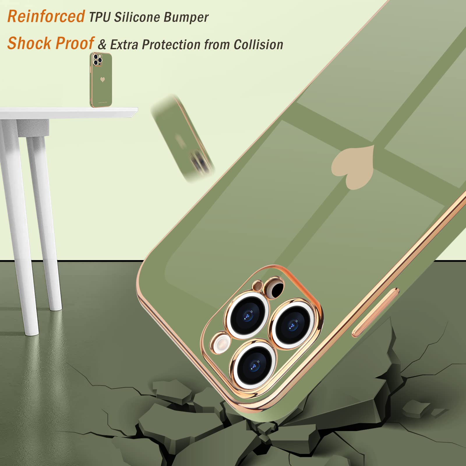 Teageo for iPhone 13 Pro Max Case for Women Girl Cute Love Heart Luxury Plating Soft Bling Back Cover Raised Camera Protection Bumper Silicone Shockproof Phone Case for iPhone 13 Pro Max, Light Green