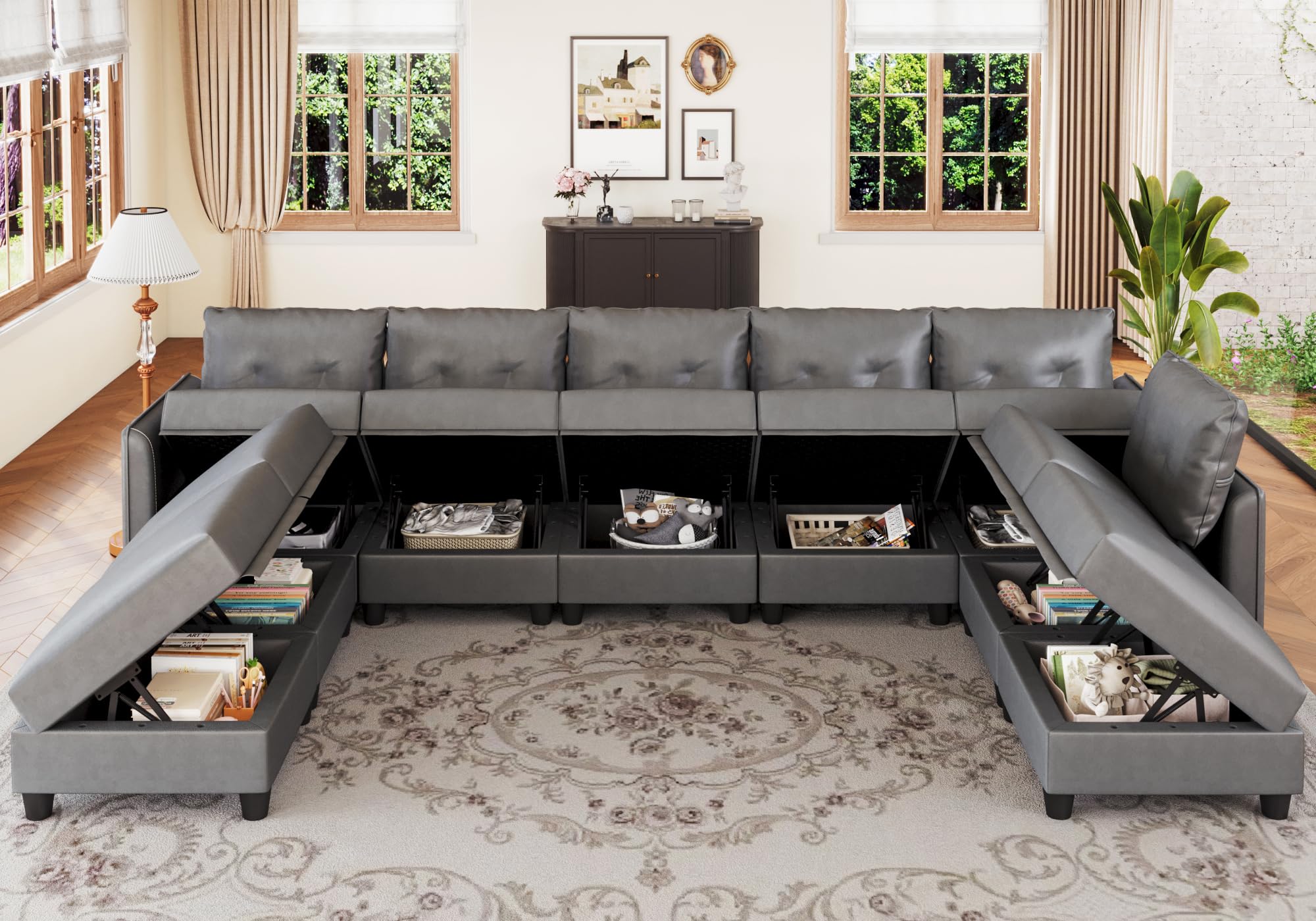LLappuil Modular Sectional Sofa with Reversible Chaise, U Shaped Couch with Storage, Modern Faux Leather Fabric Sofa with Ottoman, Oversized Sectionals for Living Room, 9 Seat, Dark Grey