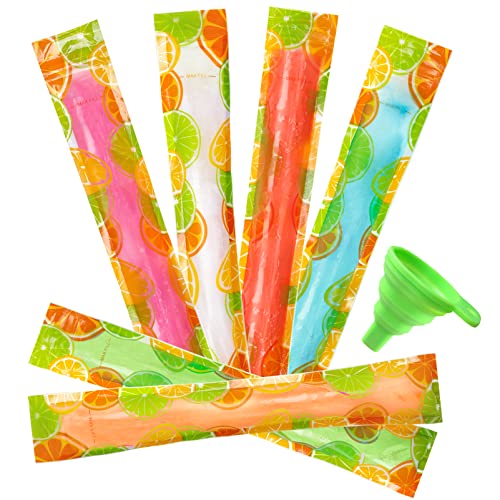 200 Pack Popsicle Bags, Lemon Pattern Ice Pop Bags, 11x2'' Freeze Pop Bags for Kids Adults, Popsicle Molds Bags with Silicone Funnel for DIY Yogurt Tubes, Fruit Smoothies and Summer Ice Party Favors