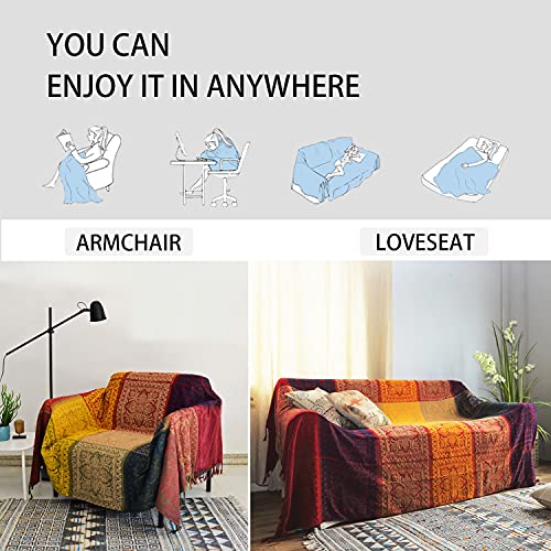 CUEERBOT Bohemian Throw Blankets Colorful Boho Sofa Throw Cover Chenille Jacquard Tassels Reversible Woven Aztec Blankets for Couch Bed Red 60" x 75"