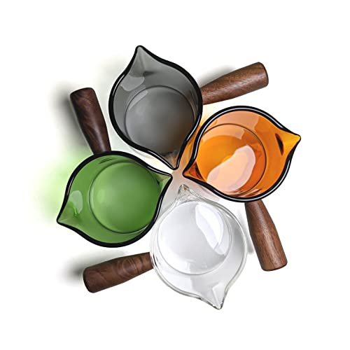 WALNUT COFFEE 75ml Colored Espresso Shot Glass Double Spouts with Walnut Handle, Measuring Triple Pitcher Milk Cup with 2 Spouts, Coffee Measuring Cup Glass with Walnut Handle for Barista (Clear)