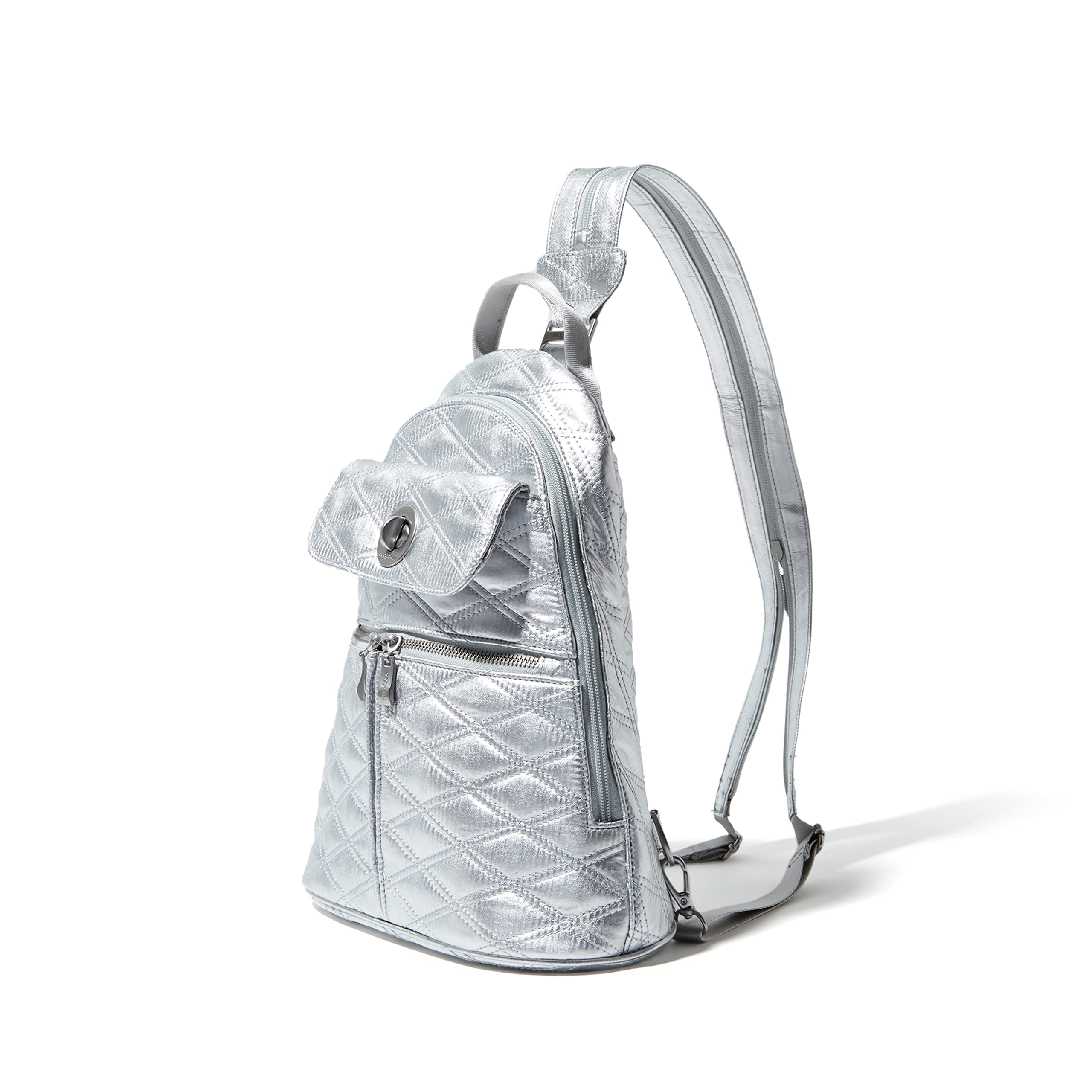 Baggallini Naples Convertible Small Daypack Sling Crossbody, Silver Metallic Quilt