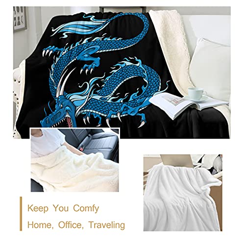 Sleepwish Traditional Fluffy Microfiber Fleece Throw Blue Chinese Dragon Sherpa Throw Blanket Throw(50"x60") Super Soft Reversible Ultra Luxurious Plush Blanket