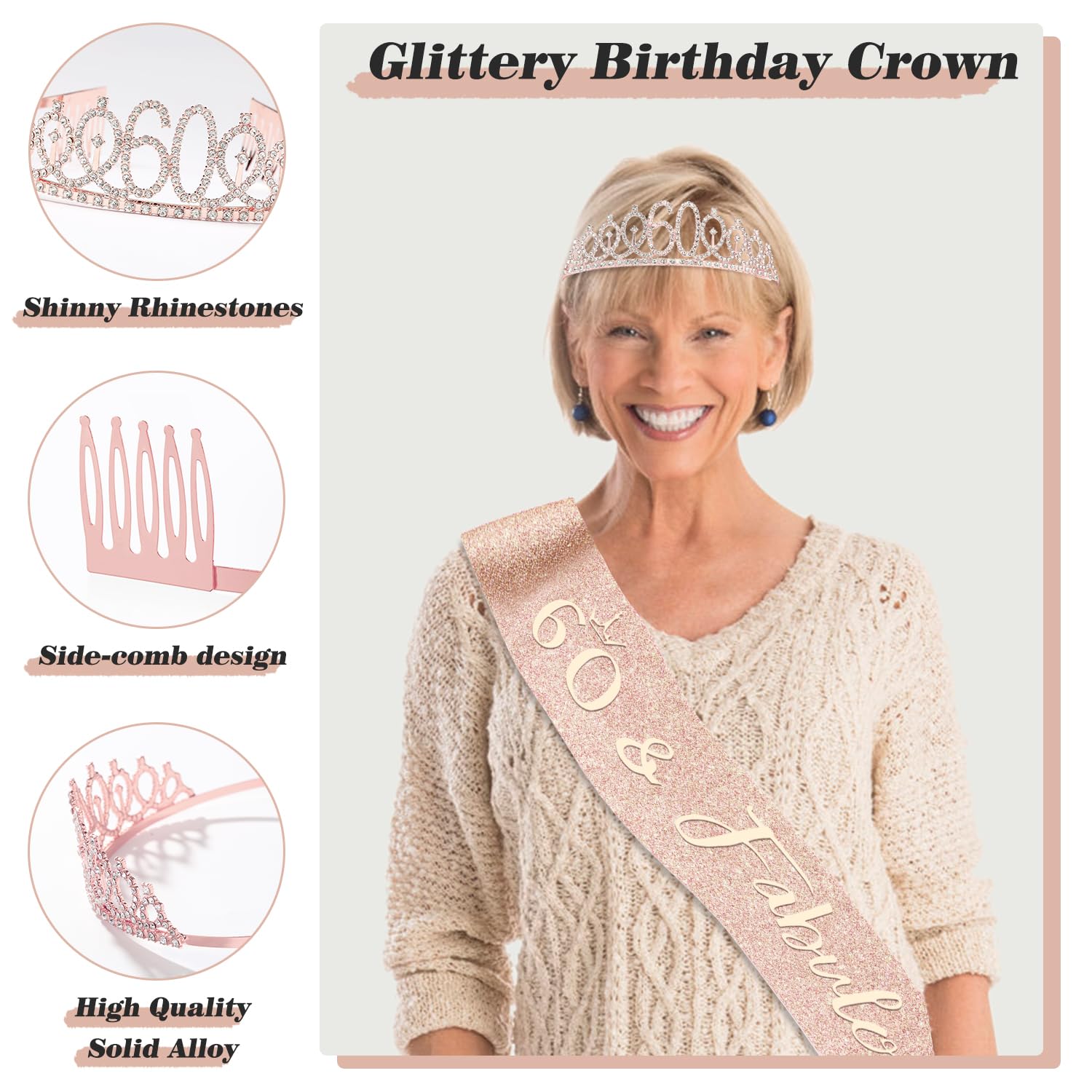 60th Birthday Gifts Decorations for Women - 60 Birthday Cake Topper, Balloons, Queen Sash, Crown and Candle Set, Rose Gold