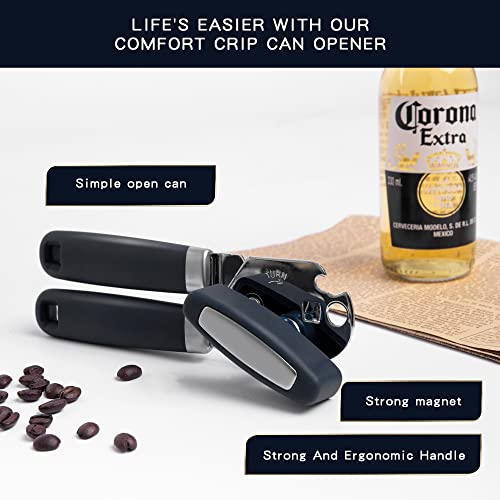 Can Opener Manual with Magnet,Hand Held Can Opener Smooth Edge,Strong Good Grips Safety Can Opener Heavy Duty for Safe Cut,Handheld Manual Can Opener with Sharp Cutting Wheel,Black