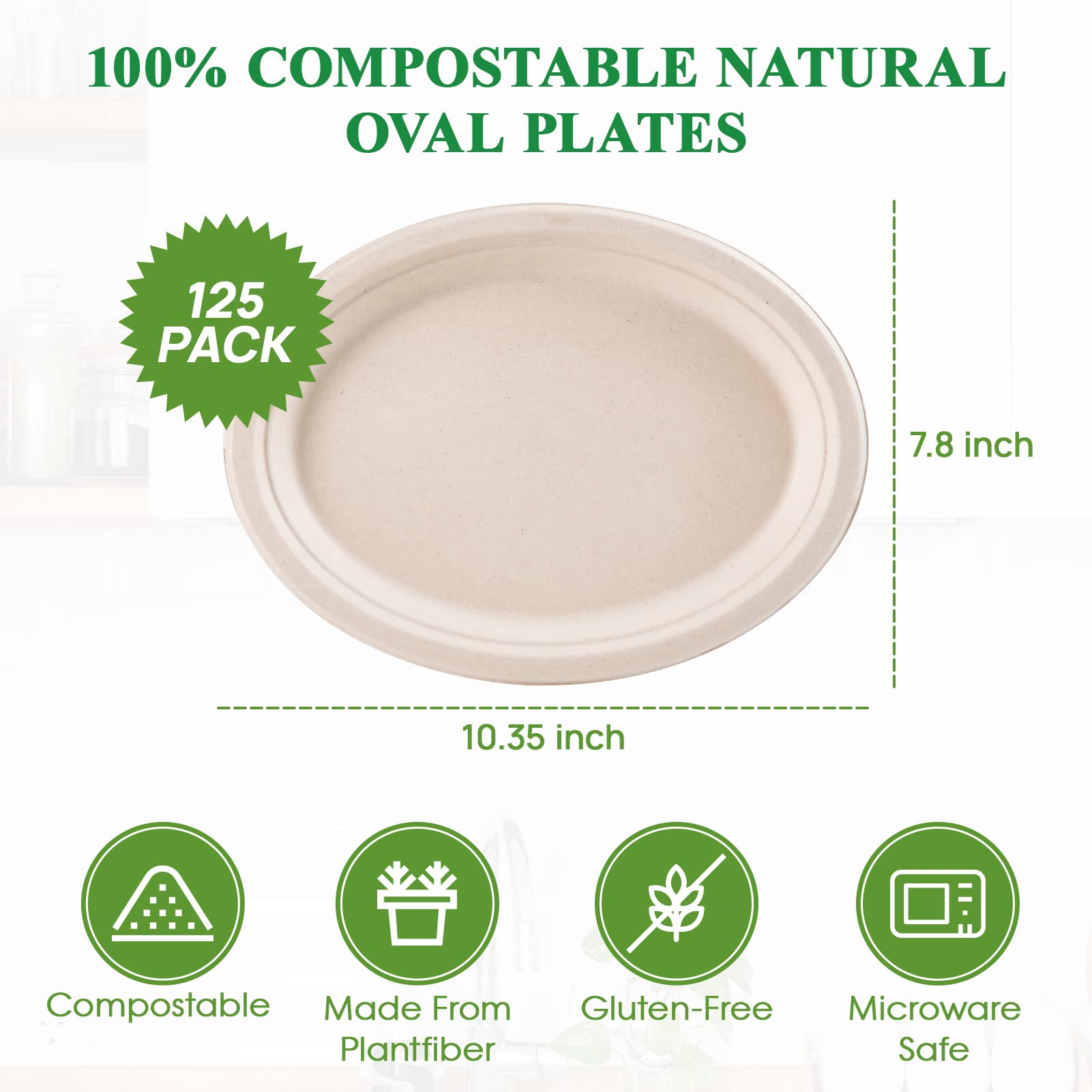 Vplus 100% Compostable Oval Paper Plates 10 inch 125 Pack Super Strong Disposable Paper Plates Natural Biodegradable Eco-Friendly Sugarcane Plates for BBQ, Party, Gathering, and Picnic
