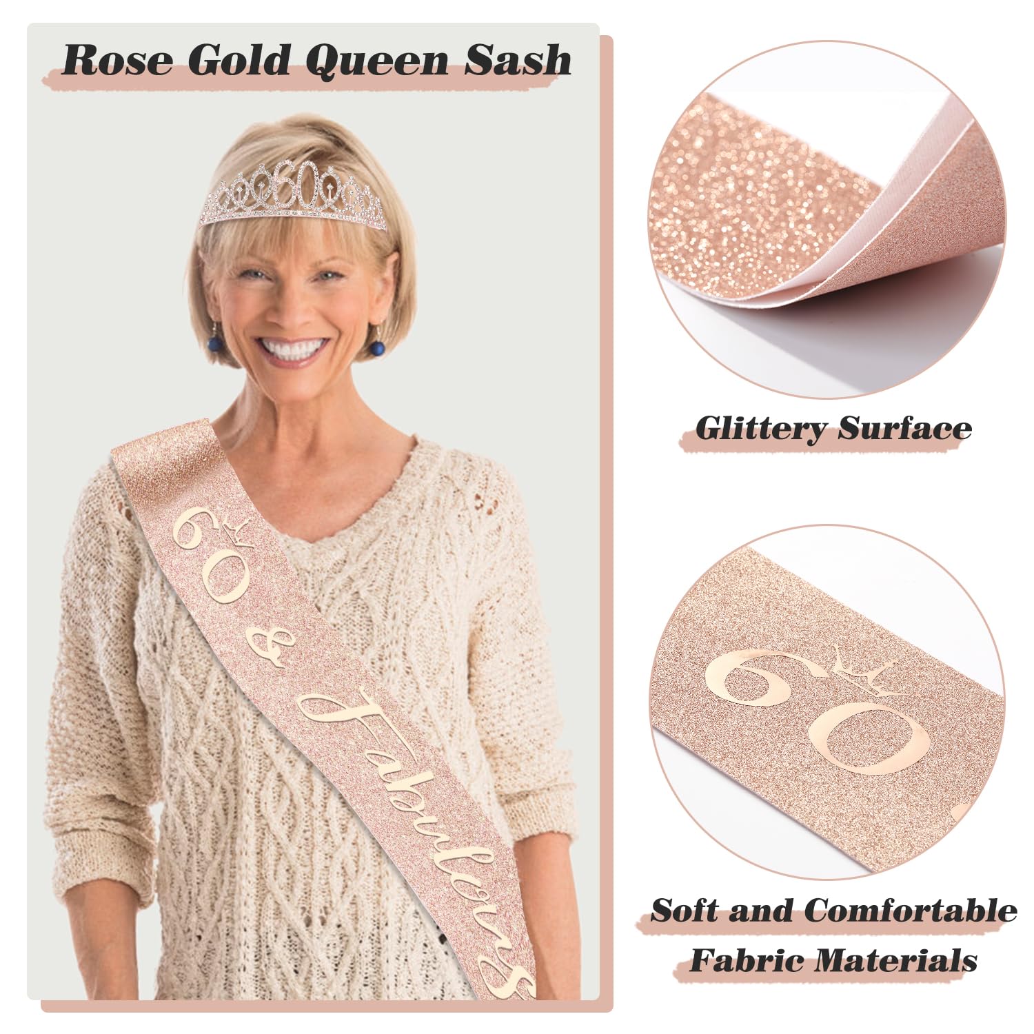 60th Birthday Gifts Decorations for Women - 60 Birthday Cake Topper, Balloons, Queen Sash, Crown and Candle Set, Rose Gold