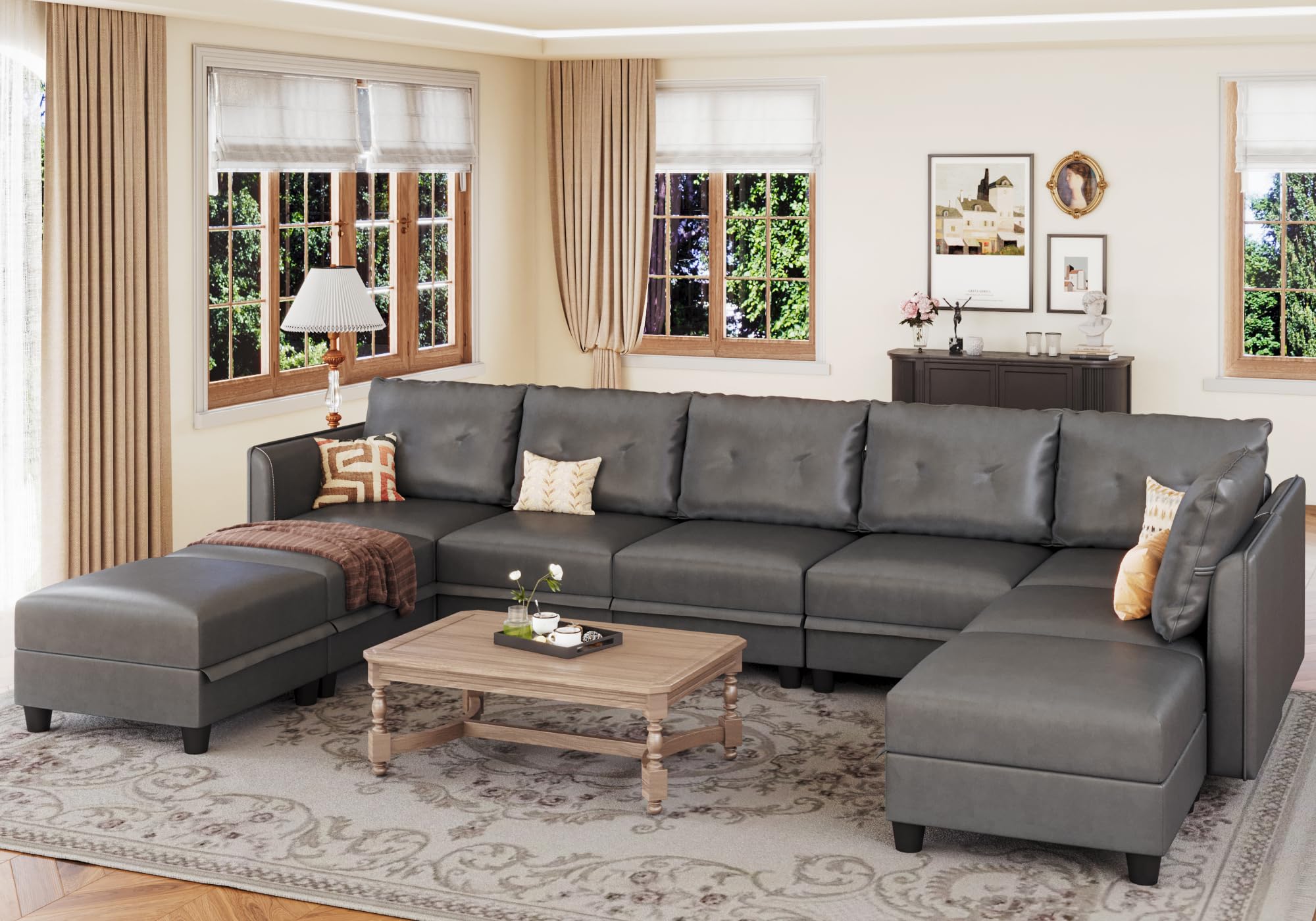 LLappuil Modular Sectional Sofa with Reversible Chaise, U Shaped Couch with Storage, Modern Faux Leather Fabric Sofa with Ottoman, Oversized Sectionals for Living Room, 9 Seat, Dark Grey