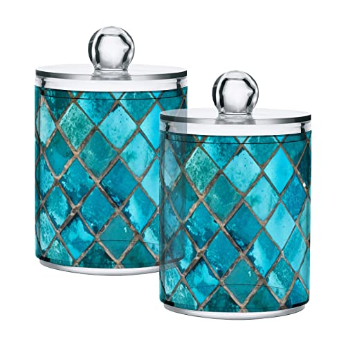 JUMBEAR 4 Pack Turquoise Grey Qtip Holder Dispenser with Lid, 14 oz Clear Plastic Apothecary Jar Set for Bathroom Vanity Organizers Storage Containers