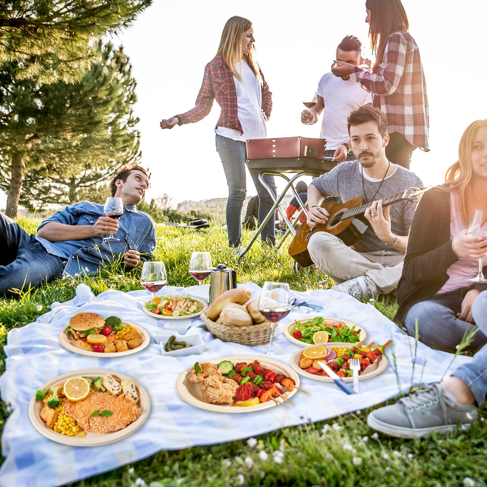 Vplus 100% Compostable Oval Paper Plates 10 inch 125 Pack Super Strong Disposable Paper Plates Natural Biodegradable Eco-Friendly Sugarcane Plates for BBQ, Party, Gathering, and Picnic