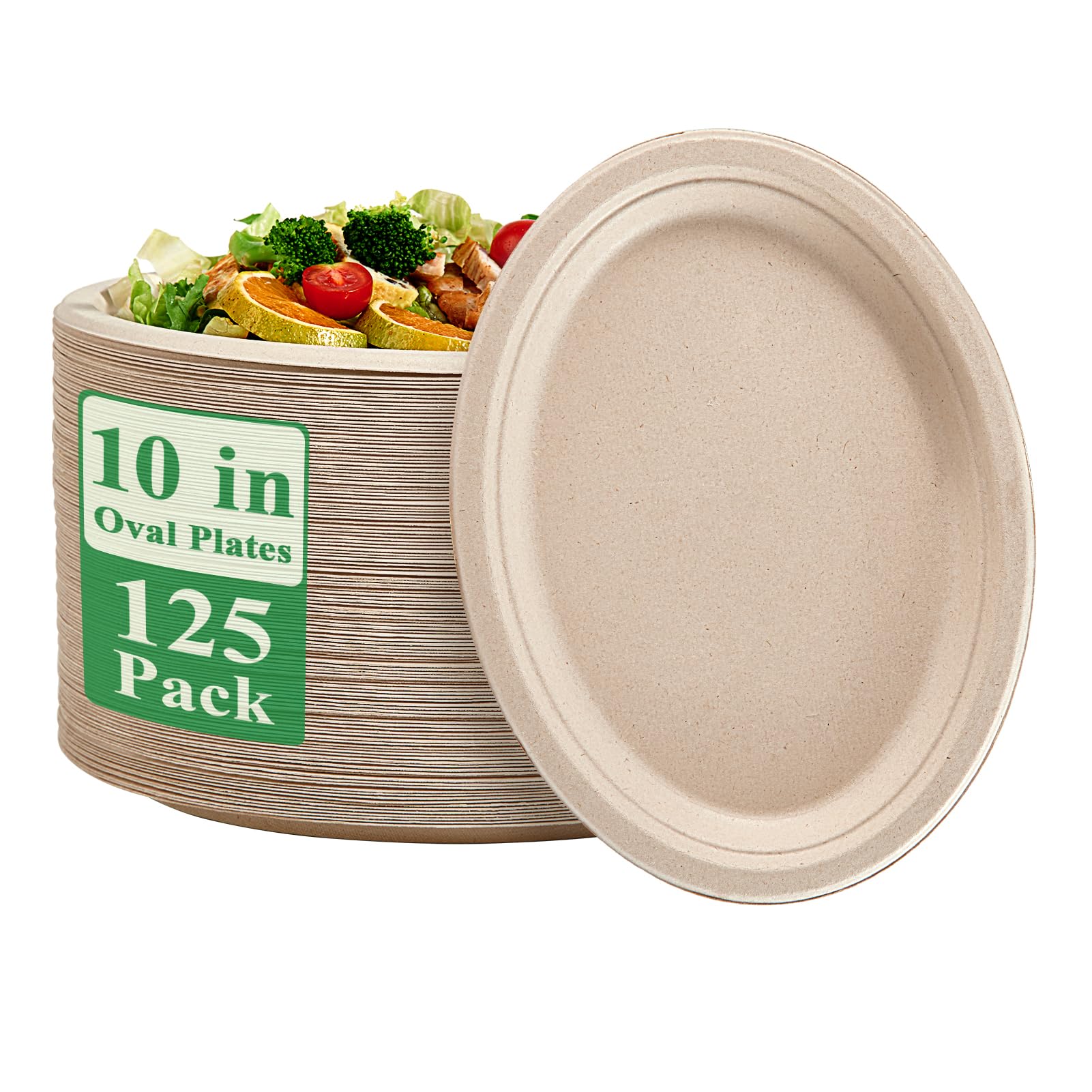 Vplus 100% Compostable Oval Paper Plates 10 inch 125 Pack Super Strong Disposable Paper Plates Natural Biodegradable Eco-Friendly Sugarcane Plates for BBQ, Party, Gathering, and Picnic