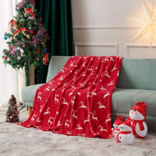 FY FIBER HOUSE Christmas Home Decor Flannel Fleece Throw Blanket for Couch Sofa with Reindeer Print,50"X60", Red