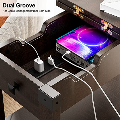 Narrow End Table with Charging Station, Flip Top Sofa Side Table with USB Ports and Outlets Farmhouse Nightstand with Storage Small Bedside Table for Bedroom Living Room Small Space