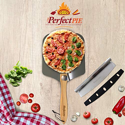 THE PERFECT PIE Premium Pizza Peel 12" x 14" Aluminum Pizza Paddle with Foldable Handle for Storage and 14β Rocker Cutter with Protective Cover. Gourmet Spatula and Cutter Set for Homemade Pizza.