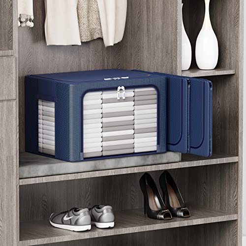 2 Pack Foldable Storage Box Oxford Fabric Clothes Container Organizer with Handle and Large Clear Window Stackable Large Capacity Storage Bins Boxes for Toys , Bedding , Books (100L, Blue)