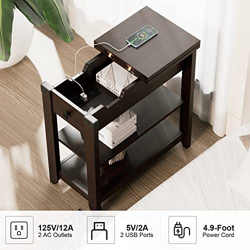 Narrow End Table with Charging Station, Flip Top Sofa Side Table with USB Ports and Outlets Farmhouse Nightstand with Storage Small Bedside Table for Bedroom Living Room Small Space