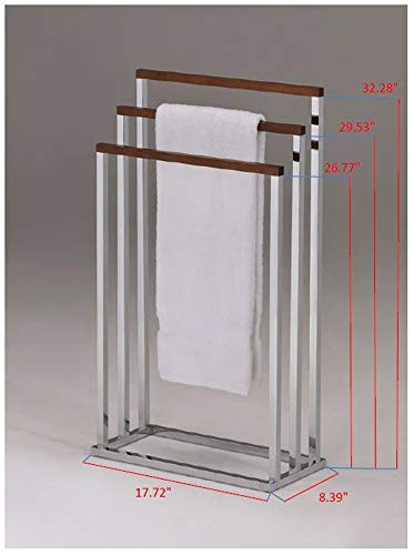 Pilaster Designs Preston Chrome Metal and Walnut Wood Transitional 3 Tier Freestanding Bathroom Towel Rack Organizer