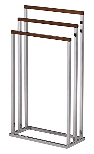 Pilaster Designs Preston Chrome Metal and Walnut Wood Transitional 3 Tier Freestanding Bathroom Towel Rack Organizer