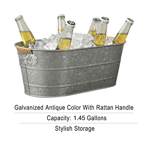 2 Pack Farmhouse Metal Galvanized Beverage Tub, Beer, Wine, Ice Holder - Ice Buckets for Parties,1.45 Gallons Rustic Vintage Storage Oval Bucket Bin - Galvanized/Cutout Handle with PE Rattan